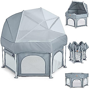 BabyBond 53" Portable Indoor and Outdoor Baby Playpen - Pop Up Tent Pack and Play Baby Playpen for Babies and Toddlers Play Yards with Canopy and Travel Bag - Grey
