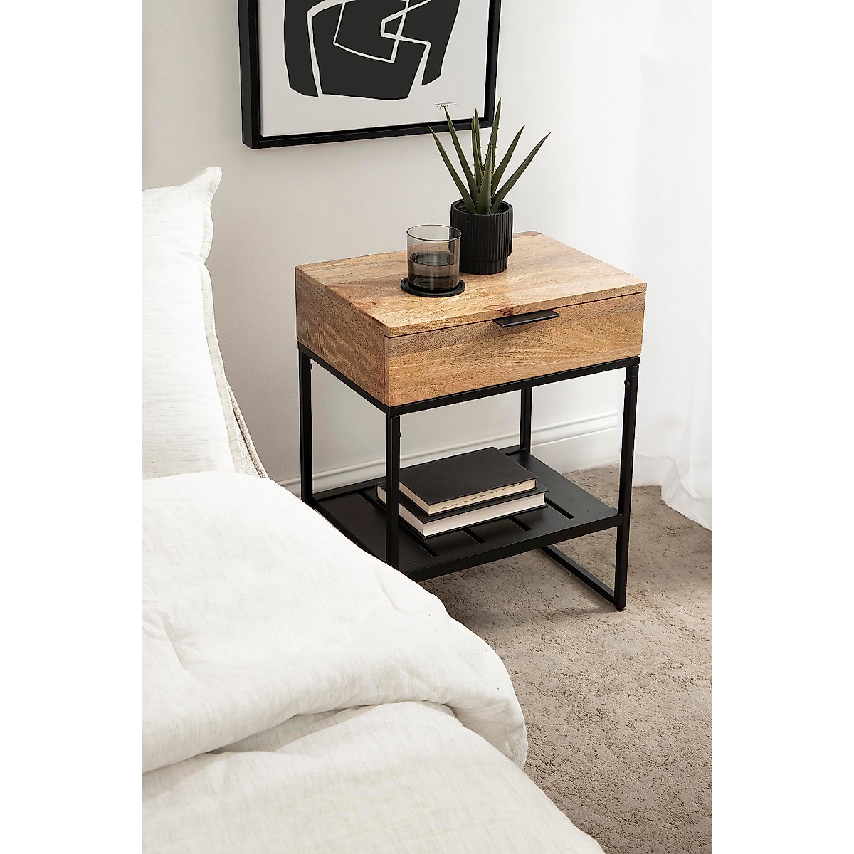 Kate and Laurel Malone Modern Wooden Side Table with Metal Shelf, 18 x 13 x 25, Natural Brown and Black, Transitional Wood Nightstand with Storage Shelf Below