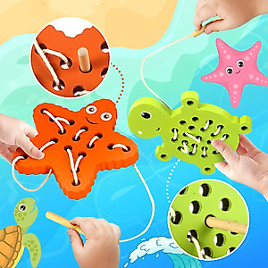 KLT Wooden Lacing Threading Toys for Toddlers Fine Motor Skills, 1 Turtle 1 Starfish Car Airplane Toddler Travel Toys, Wood Puzzle Educational Gifts Learning Montessori Toys for 3, 4, 5 Years Old Kids