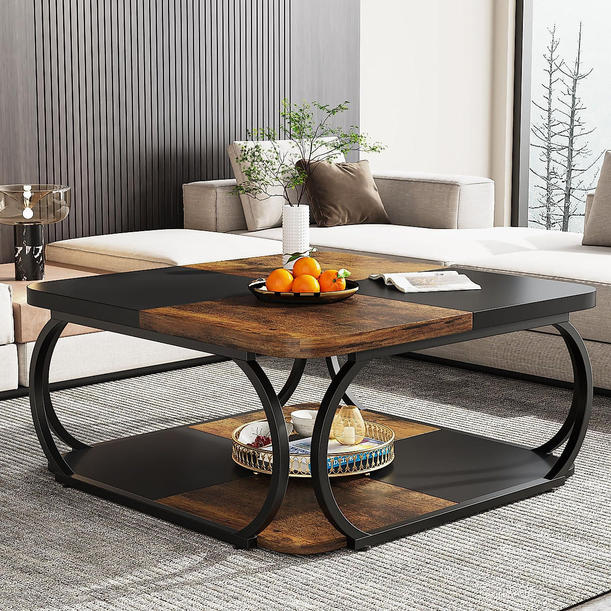 Tribesigns Square Coffee Table with 2 Tiers, 40 inches Low Farmhouse Coffee Table with Wood Storage Shelf Heavy Duty Metal Curved Frame for Modern Living Room, Black Rustic Brown