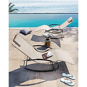 Crestlive Products Patio Rocking Chair Curved Rocker Chaise Lounge Chair with Pillow for Beach Yard Pool Outdoor Indoor, Gray Steel Frame (2 PCS Beige)