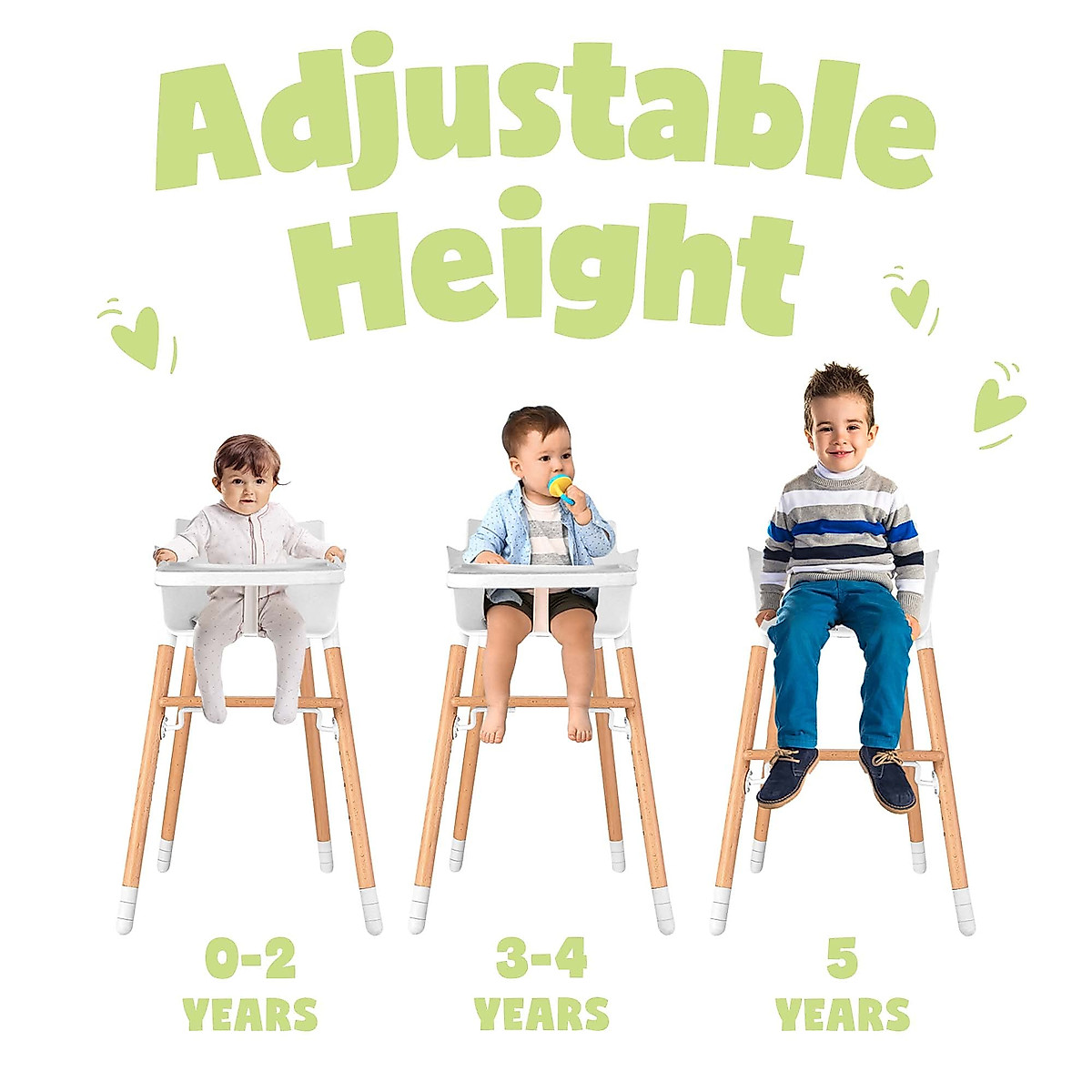 Wooden High Chair for Babies and Toddlers - with Harness, Removable Tray, and Adjustable Legs