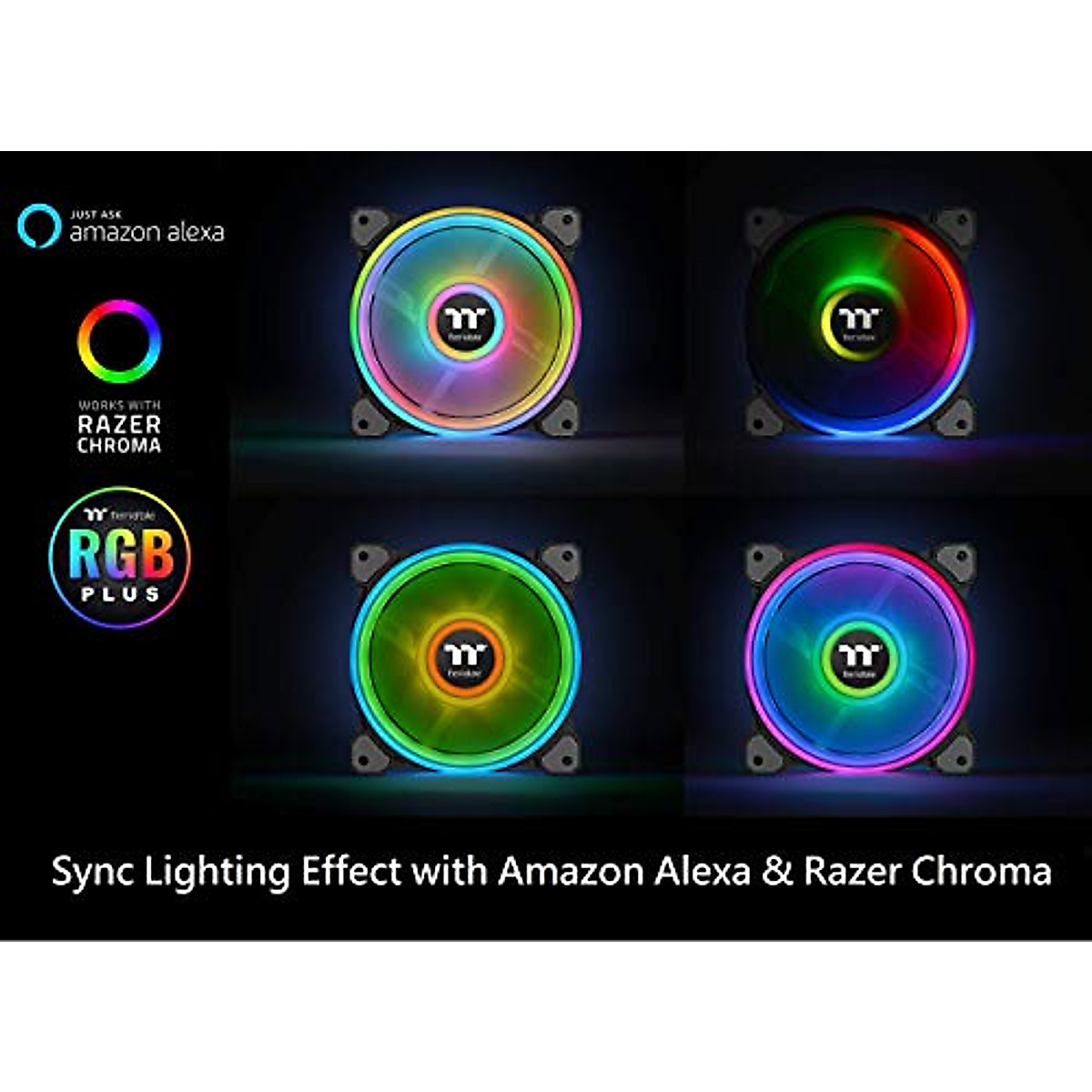 Thermaltake Riing Quad 120mm 16.8 Million RGB Color (Alexa, Razer Chroma) Software Enabled 4 Light Rings 54 Addressable LED 9 Blades Hydraulic Bearing Case/Radiator Fan CL-F088-PL12SW-B, Black