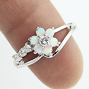 WDIYIEETN 925 Sterling Silver White Opal CZ Crystal Flower Engagement Promise Band Ring (9)