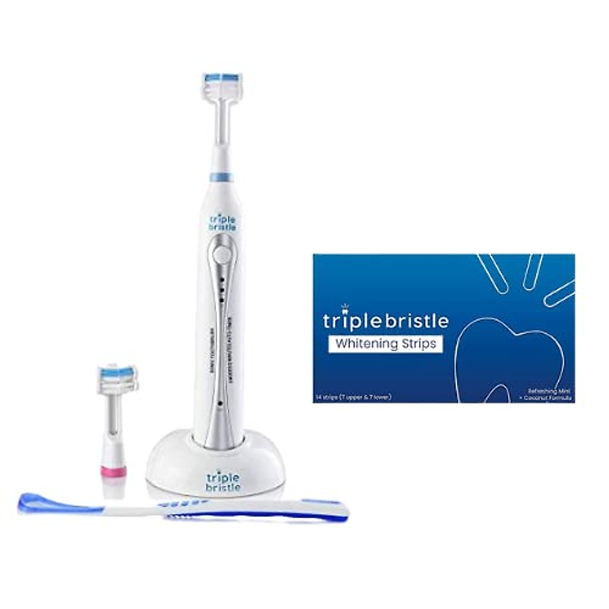 Triple Bristle Original Sonic Toothbrush | Rechargeable 31,000 VPM Tooth Brush | Patented 3 Head Design | Angled Bristles Clean Each Tooth Teeth Whitening Strips (1)