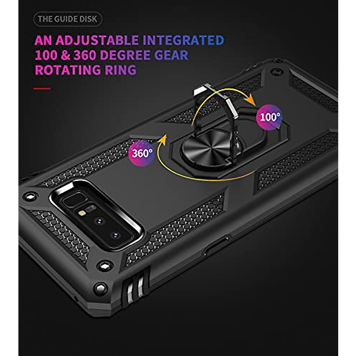 Samsung Galaxy Note 8 Case with 3D PET Screen Protectors, Androgate Military-Grade Metal Ring Holder Kickstand 15ft Drop Tested Shockproof Cover Case for Samsung Galaxy Note 8 Black