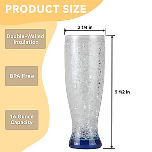 Lily's Home Freezer Beer Mugs, Double Wall, Insulated with Liquid Gel Plastic Freezable Glasses, 16 oz Glass for Freezer, Chiller Frosty Cup, Frozen Ice Freezy Mug, Freezer Cups. Pilsner. Set of 4