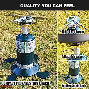 RANDDER Propane Stove Portable Camping Gas Stove 10,000 BTU Bottletop Single Adjustable Burner with 1 lb Tank Base Carrying Case Great for Emergencies Outdoor (Gas Stove & Base (Set-2))