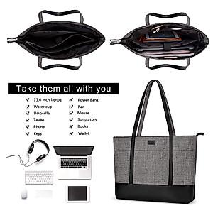 MOSISO Laptop Tote Bag for Women (17-17.3 inch), Polyester PU Leather Lightweight Business Travel School Bag with Front 3 Pockets