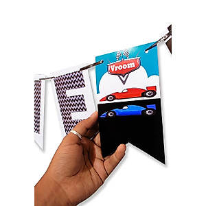 Race Car ONE Highchair Banner 1st Birthday Party Decoration Supplies for Kids Garland Decorations Baby Boy Checkered Pennant Cake Smash Milestone Photo Prop, Multi, 6.5 * 4.5 INCHES Flag