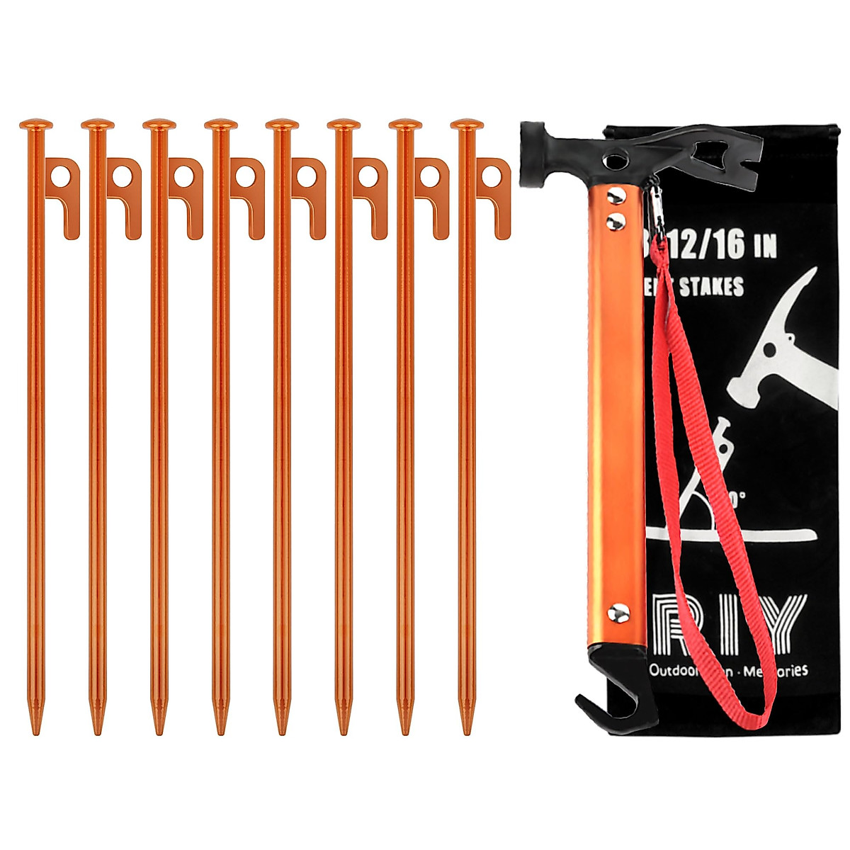 RIY Tent Stakes, 8Pcs Heavy Duty 12 Inch Steel Tent Stakes with 12 Inch Camping Hammer, Hiking Camping Kit Easy to Carry and Use
