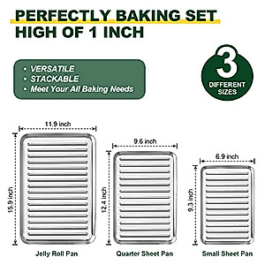 Baking Sheet Set of 3, CEKEE Stainless Steel Cookie Sheet for Baking Baking Pans Set, Jelly Roll Pan/Quarter Sheet Pan/Small Baking Sheet, 9/12/16 Inch, Warp Resistant & Heavy Duty & Easy Clean
