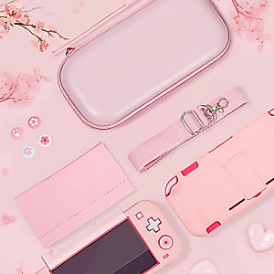 BRHE Pink Travel Carrying Case Accessories Kit for Switch Lite, Hard Protective Cover Skin Shell with Stand, Glass Screen Protector, Thumb Grip Caps 9 in 1