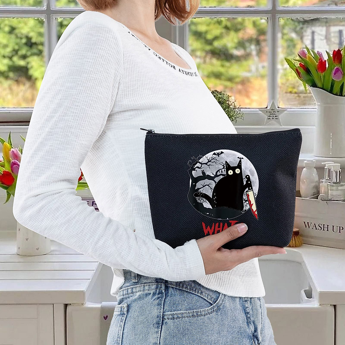 LEVLO Murderous Cat With Knife Cosmetic Make Up Bag Sneaky Cat Inspired Gifts Cat What Makeup Zipper Pouch Bag(Black Cat What)