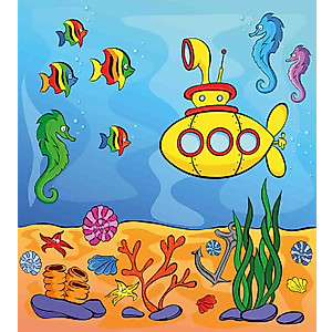 Ambesonne Yellow Submarine Duvet Cover Sets, Underwater Theme Vehicle Seahorse Starfish and Fish Print, Bedding Set with 2 Duvet Covers 4 Pillowcases, 2 Pack Cal King Size, Marigold and Aqua