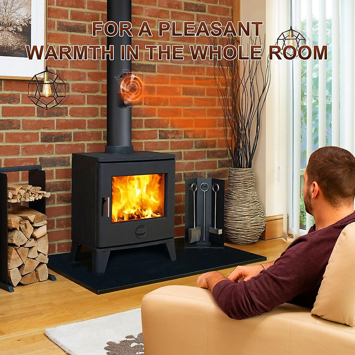 VODA Stove Fan 5 Blades for Wood Stove/Fireplace/Flue Pipe - Magnetic Installation, No Power Required - High Efficiency, Low Noise, Durable - Include 1 Spare Ring