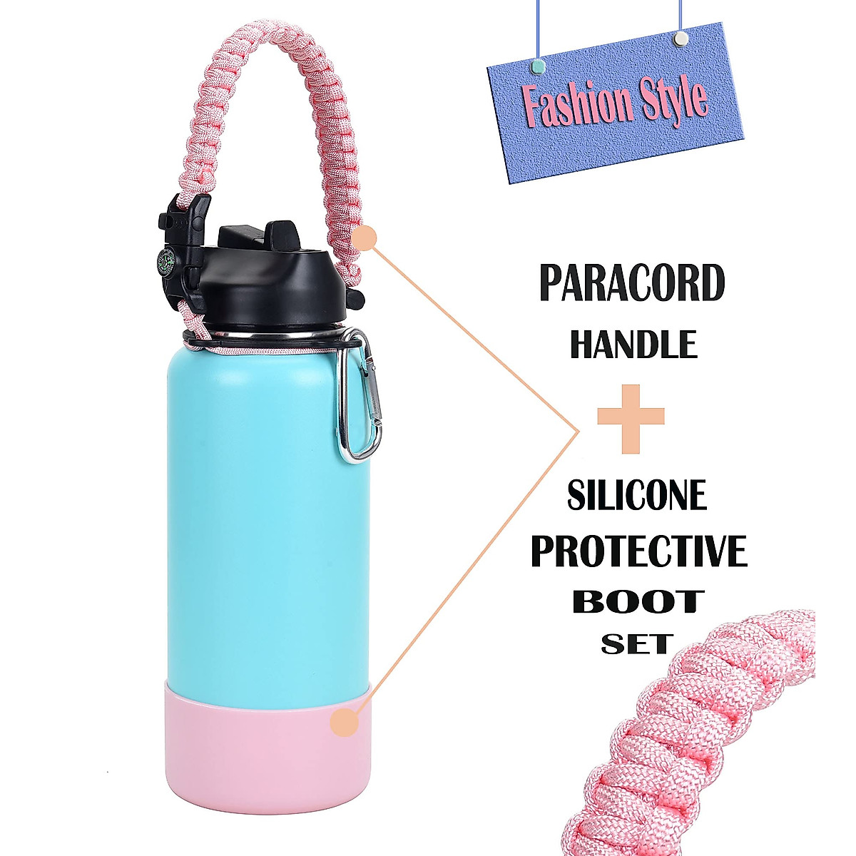 LX-SUNCX Paracord Handle and Silicone Sleeve Boot Compatible with Hydro Flask Wide Mouth Water Bottle (Pearly pink/pink, 32oz-40oz)