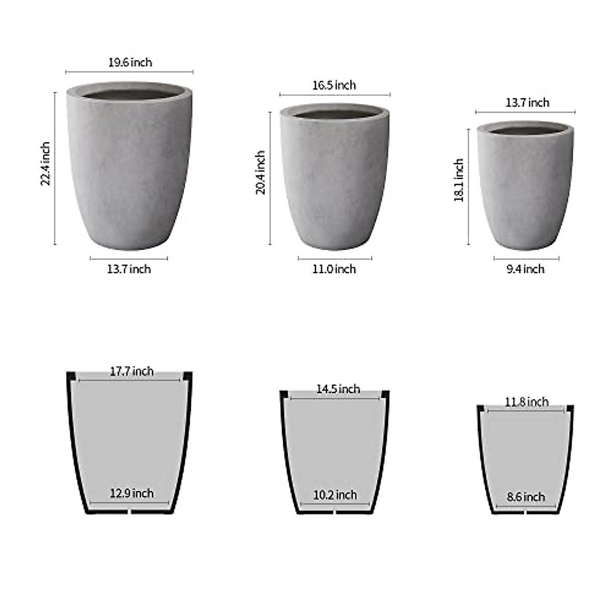 Kante 18.1" 20.4" 22.4" H Round Concrete Modern Tall Planters Set of 3 for Outdoor Indoor, Decorative Plant pots with Drainage Hole & Rubber Plug for Home & Garden Weathered Concrete