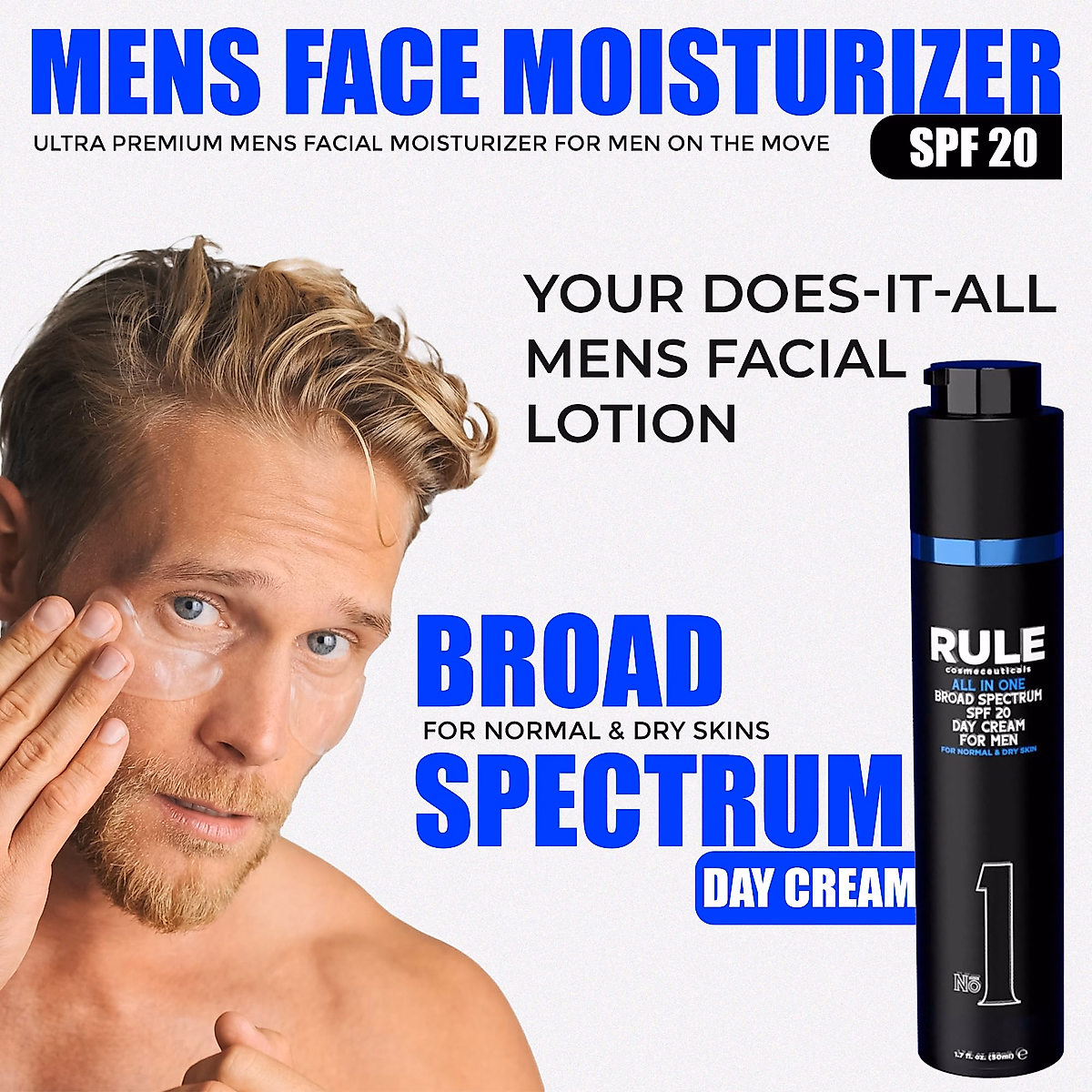 RULE COSMECEUTICALS - No.1 Day Cream, Face Moisturizer for Men, SPF 20, 10-in-1 Men’s Face Cream, Sunscreen for Normal to Dry Skin, Men’s Grooming, Collagen, Vitamin B, C, E, 50 mL
