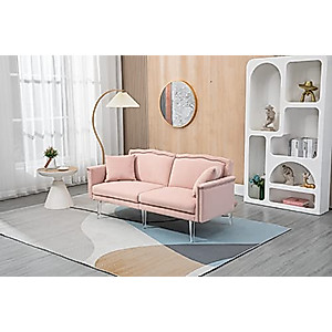 FULife 65" Mid Century Modern Velvet Upholstered Futon Sofa Split Back Loveseat Convertible Sleeper Couch Bed Daybed,Folding Recliner with Armrest&2 Pillows for Living Room/Compact Space, Pink