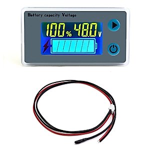 QWORK 10-100V Battery Capacity Monitor Gauge Meter with Buzzer Alarm, 12V 24V 36V 48V 60V 72V Acid Lead Lithium Polymer Digital Battery Capacity Voltage Temperature Monitor