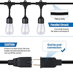 JOYSTA Outdoor String Lights - Waterproof Patio Light String 48FT with 15 Hanging Sockets IP65 Weatherproof Yard Lights 1w S14 Bulbs Lighting for Party Bistro Backyard Garden Cafe