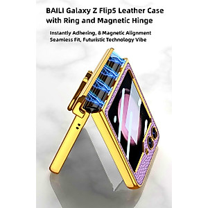 BAILI Galaxy Z Flip5 Case with Ring,Galaxy Z Flip5 Case with Magnetic Hinge,Z Flip5 Case with Leather,Military Grade Drop Protective Flip 5 Case with Electroplated Frame-Orange