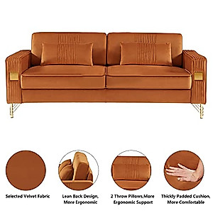 Betoko Velvet Upholstered Sofas Couches for Living Room Modern Contemporary Channel Tufted 3 Seater Sofa Couch with Golden Metal Legs for Bedroom Office and Small Spaces (Camel)