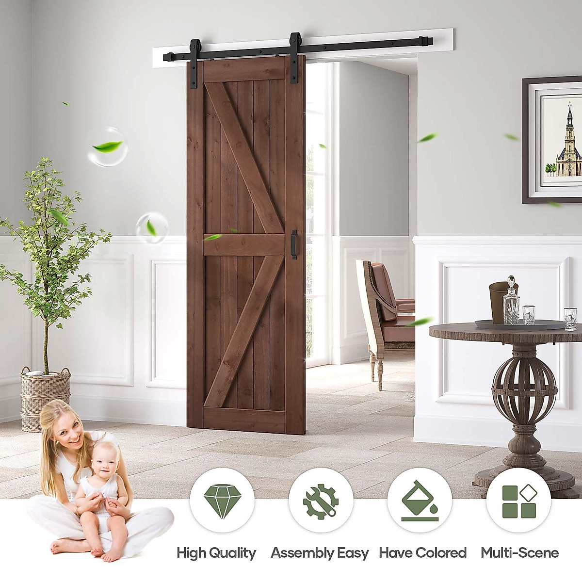 ROYMELO 30x84 inch Sliding Barn Wood Door Slab with 5ft Hardware Kit and Handle, Coffee, K Shape, Simple DIY Assembly
