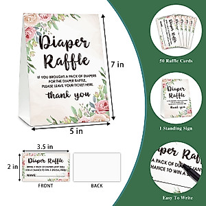 Diaper Raffle Baby Shower Game Set(1 Standing Sign + 50 Guessing Cards), Floral Greenery Diaper Raffle Tickets for Baby Shower, Blush Pink Baby Shower Party Favor Decor - A08