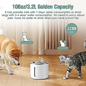 Cat Water Fountain, 108oz/3.2L Cat Fountain with Stainless Steel Tray, Ultra Quiet Pet Water Fountain for Cats Inside with Triple Filtration Cat Fountain Water Bowl, for Cats, Small Dogs