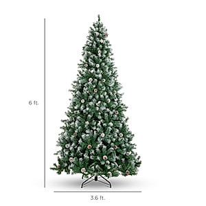 Best Choice Products 6ft Pre-Decorated Holiday Christmas Tree for Home, Office, Party Decoration w/ 1,000 PVC Branch Tips, Partially Flocked Design, Pine Cones, Metal Hinges & Base