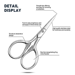 LOBODT Small Facial Hair Scissors, Stainless steel (silver) Straight Tip Snips Beauty Grooming Kit for Eyebrows, Beard, Ear, Nose, Moustache Trimming with PU Case