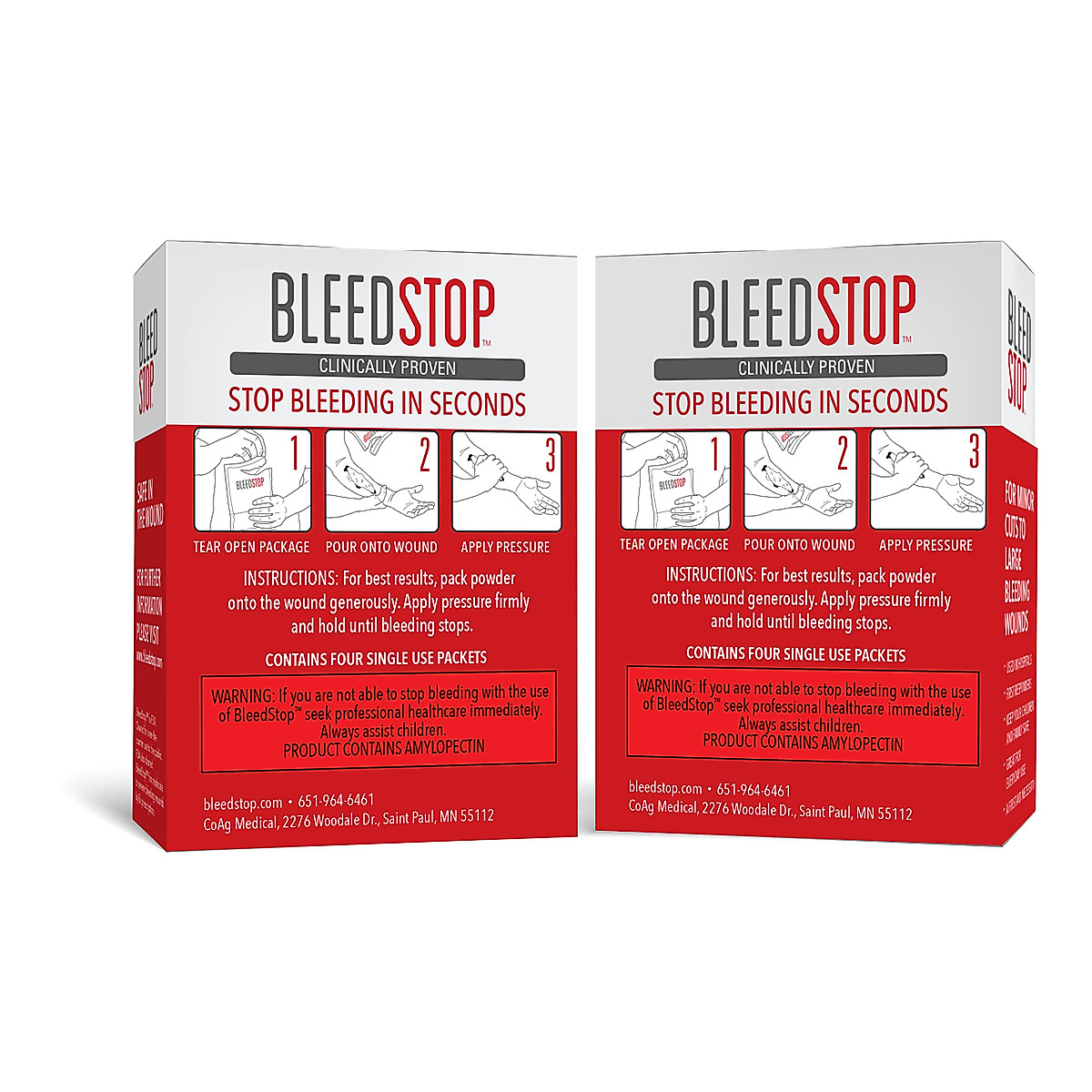 BleedStop™ First Aid Powder for Blood Clotting, Trauma Kit, Blood Thinner Patients, Camping Safety, and Survival Equipment for Moderate to Severe Bleeding Wounds or Nosebleeds (Double 4 Pack 15g)