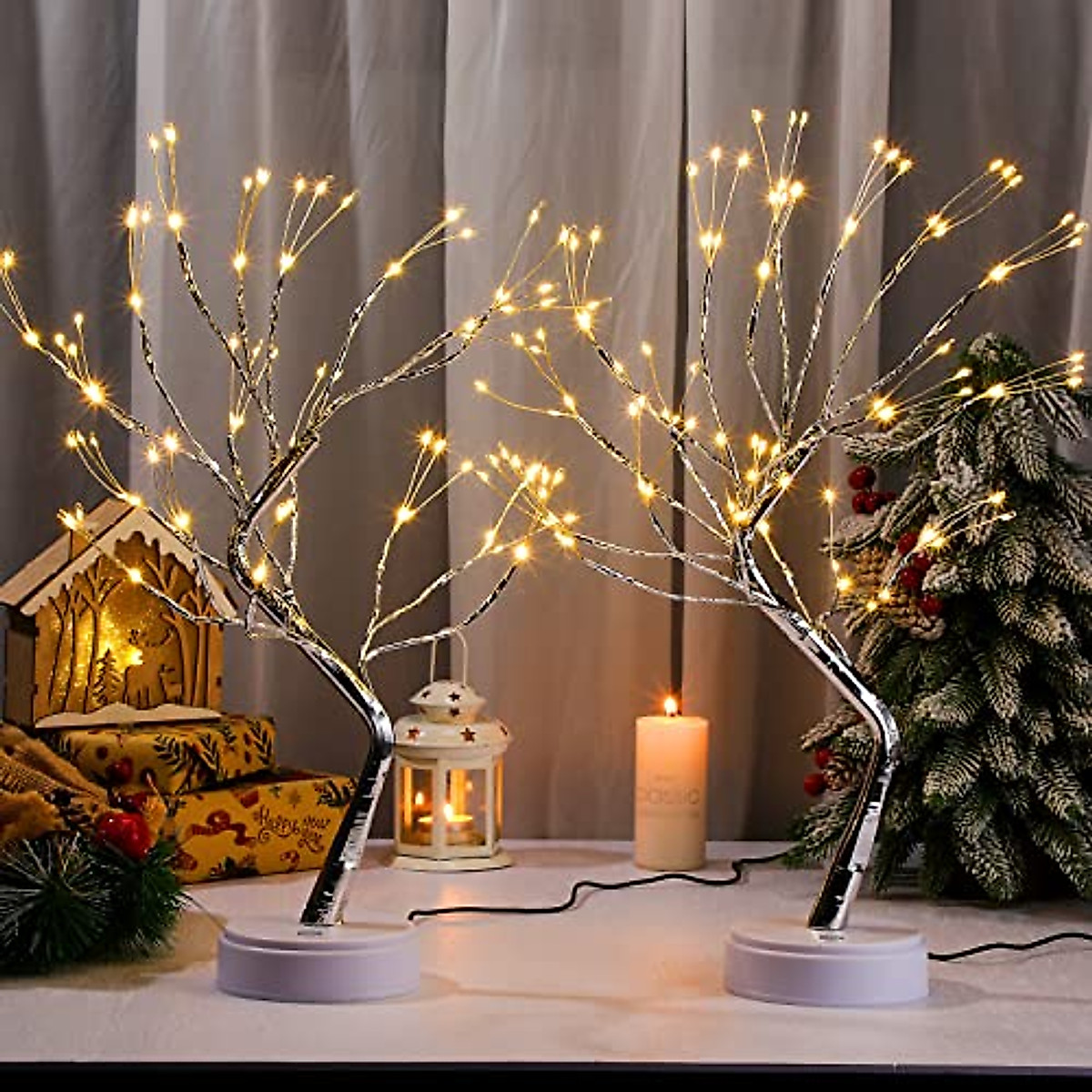 Roowest 2 Pcs 20" Tabletop Bonsai Tree Light Lamp 108 Led Copper Wire String Lamp Battery/USB Operated DIY Artificial Tree Warm White Fairy Light for Indoor Home Bedroom Desktop Christmas Trees Decor