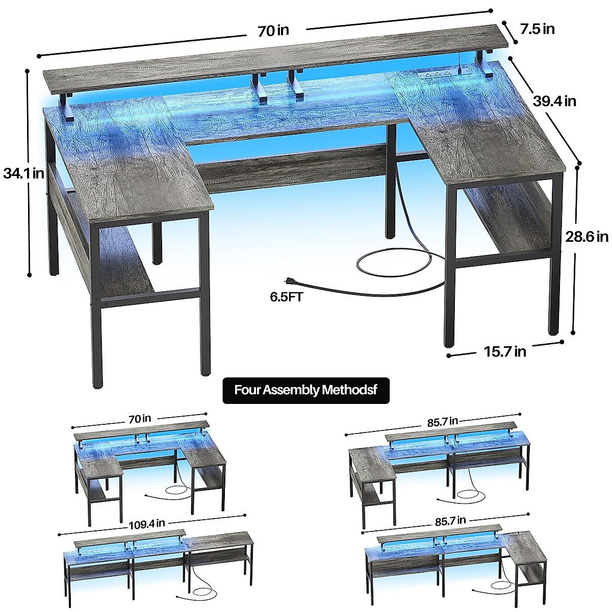 Hyomdeck Customizable U Shaped Desk & L Shaped Office Desks with RGB LED Light, Adjustable Monitor Stand and Power Outlets, Reversible Computer Desk with Storage, Large L Shape Gaming Table, Black Oak
