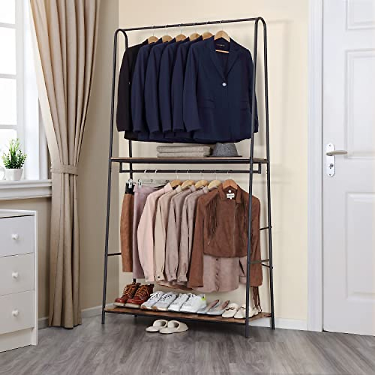 Finnhomy Rustic Clothes Rack for Hanging Clothes Heavy Duty Clothing Garment Racks with 2-Tier wood Shelves, Metal Freestanding Closet Storage Rack Double Hanging Rails for Bedroom/Boutique