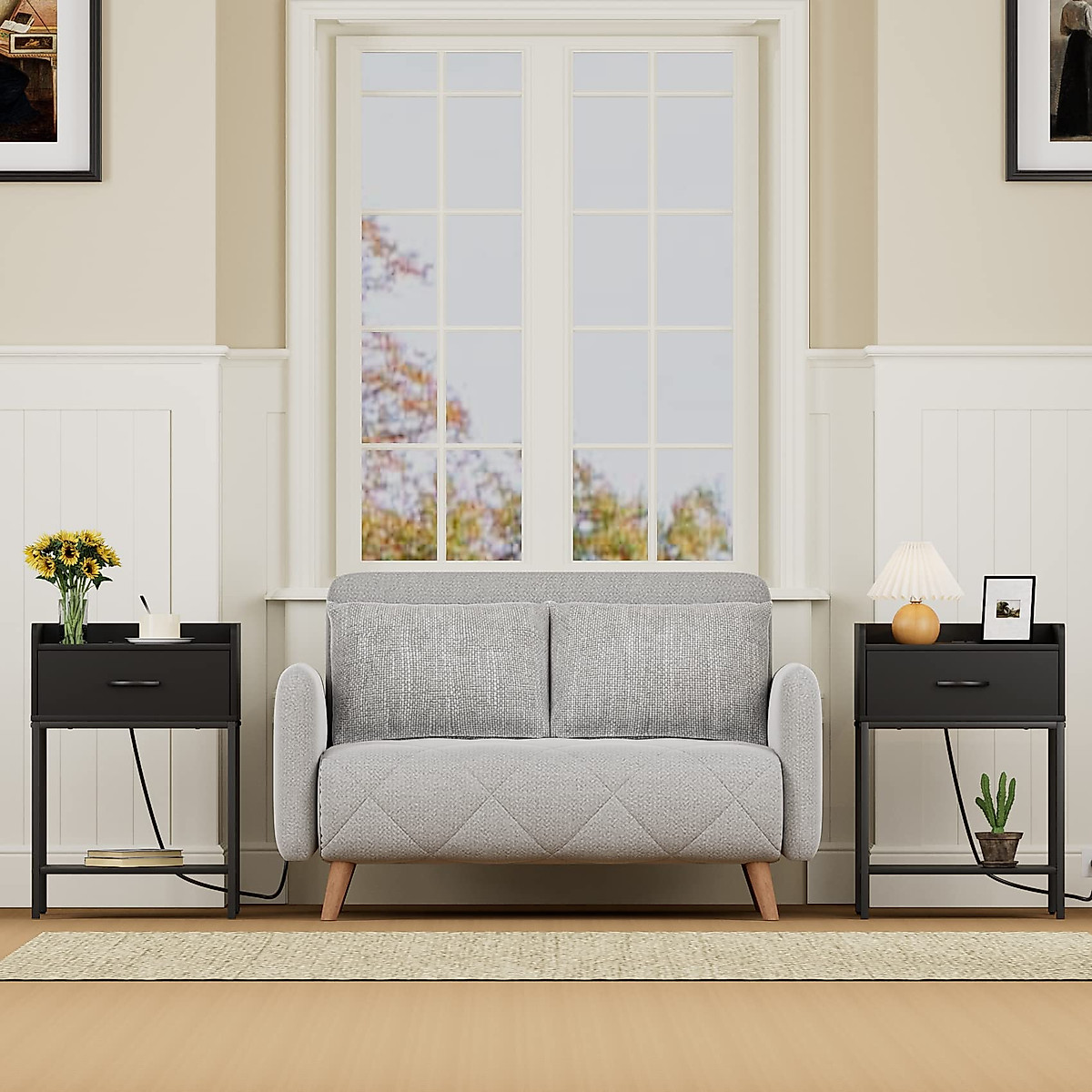 Masupu Nightstand with Charging Station,3-Tier Modern Bedside Night Stand with Storage Drawer and Shelf,Small End Side Table for Bedroom,Living Room,Black