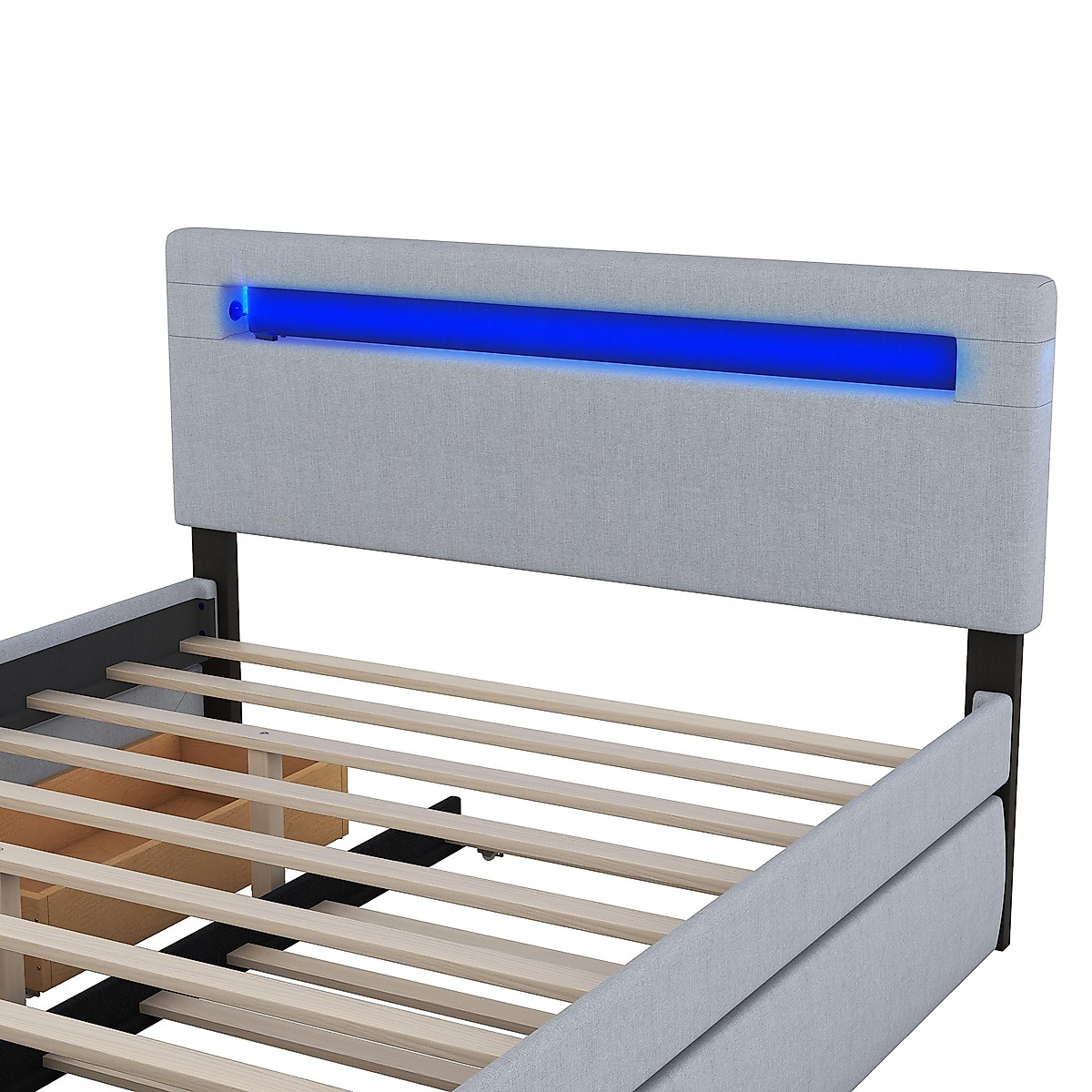 HABUHOME Queen Size Upholstered Platform Bed with 2 Storage Drawers and Twin Trundle, LED Lights and USB Charging, Linen Queen Bed Frame with Headboard and Wood Slat Support, Gray