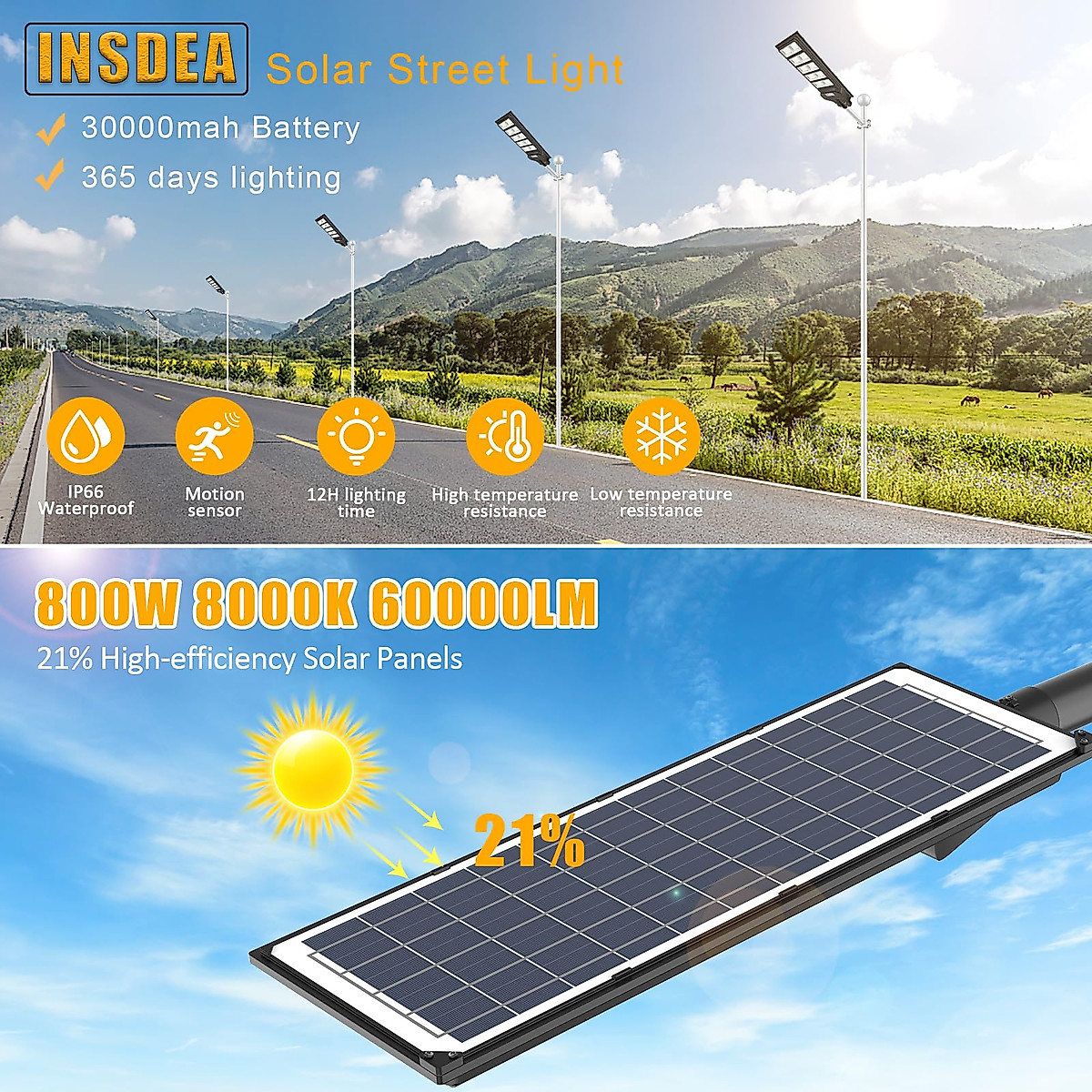 INSDEA 800W LED Solar Street Light Motion Sensor, 60000LM IP66 Waterproof Security Solar Flood Lights Outdoor with Remote Control, Dusk to Dawn Solar Lights for Outside Garden Yard Parking Lot