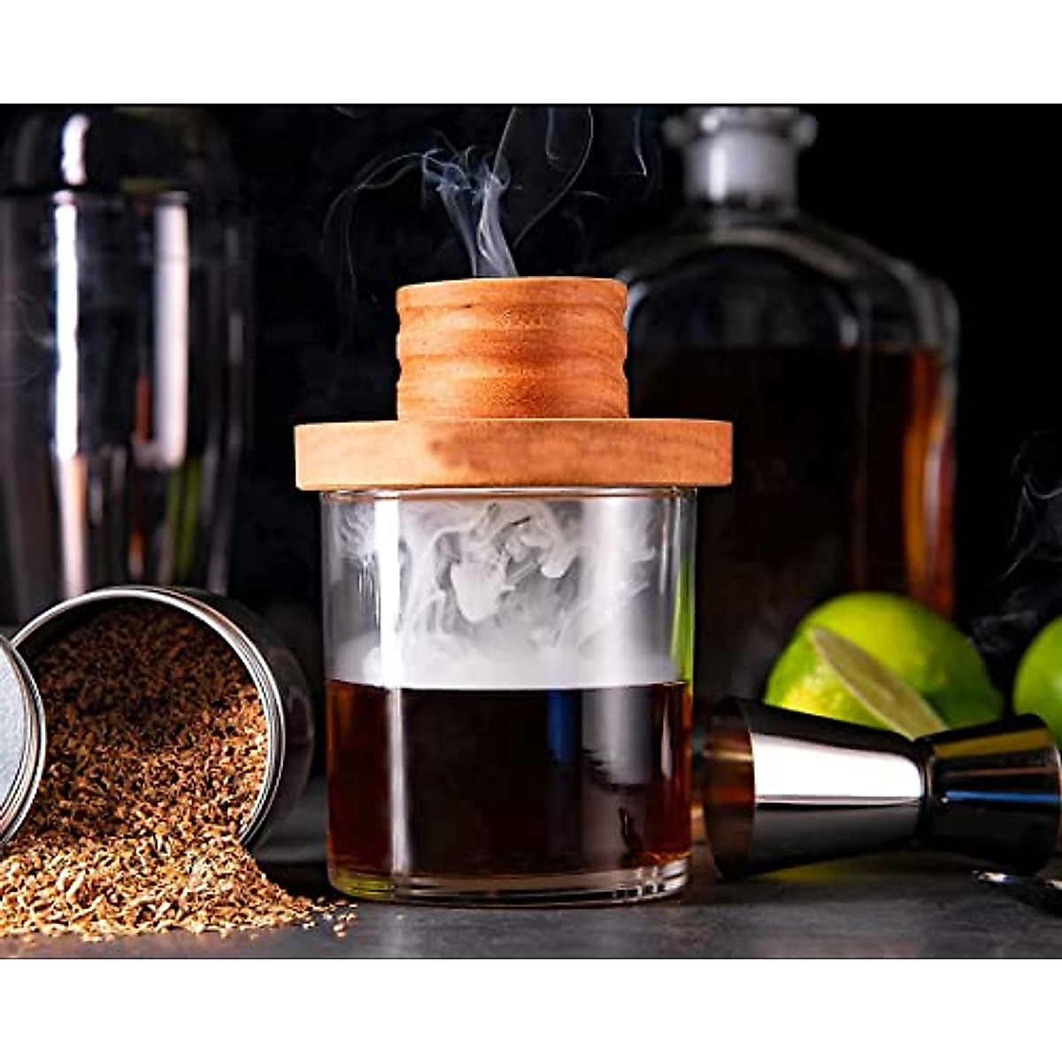 Aim Smoke Large Cocktail Smoker Kit - Chimney style Smoker with four large containers of Apple, Cinnamon, Cherry and Oak wood for Cocktails, Whiskey, & Bourbon., Black