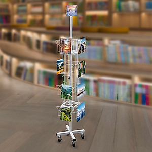 HuaShuani Gift Shop Card Display Rack, 16 Pockets Greeting Card Rack with 4 Universal Wheels for Gift Cards, Postcards, Stickers, Brochures, Metal Material, 360° Spinning, Free Standing