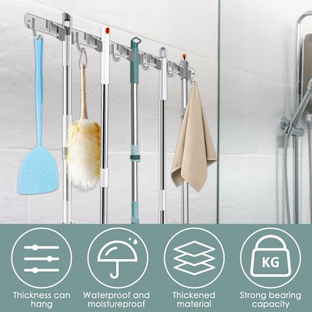 US Broom Holder Wall Mount Stainless Steel Mop and Broom Holder with 5 Racks and 6 Hooks Effective Broom Organizer Versatile Broom Hanger Wall Mount for Kitchen Closet Laundry Room Pantry(1)