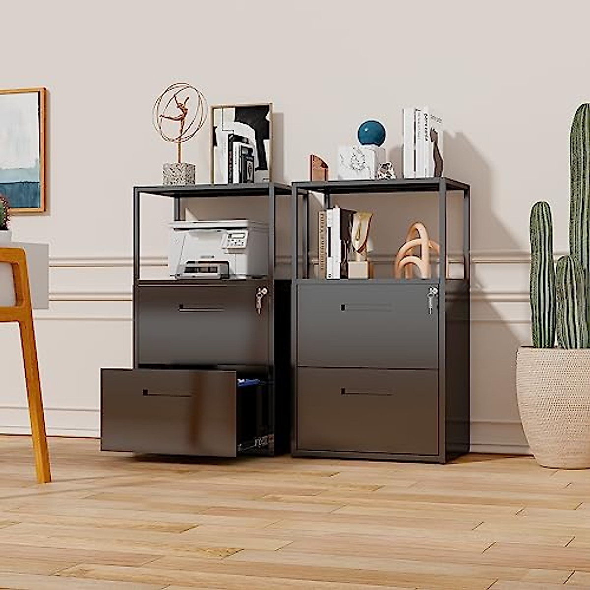 Fesbos File Cabinet with Shelves & 2 Lockable Drawers - Home Office Lockable Lateral Filing Cabinet for Hanging Files Letter/Legal/F4/A4 Size - Assembly Required