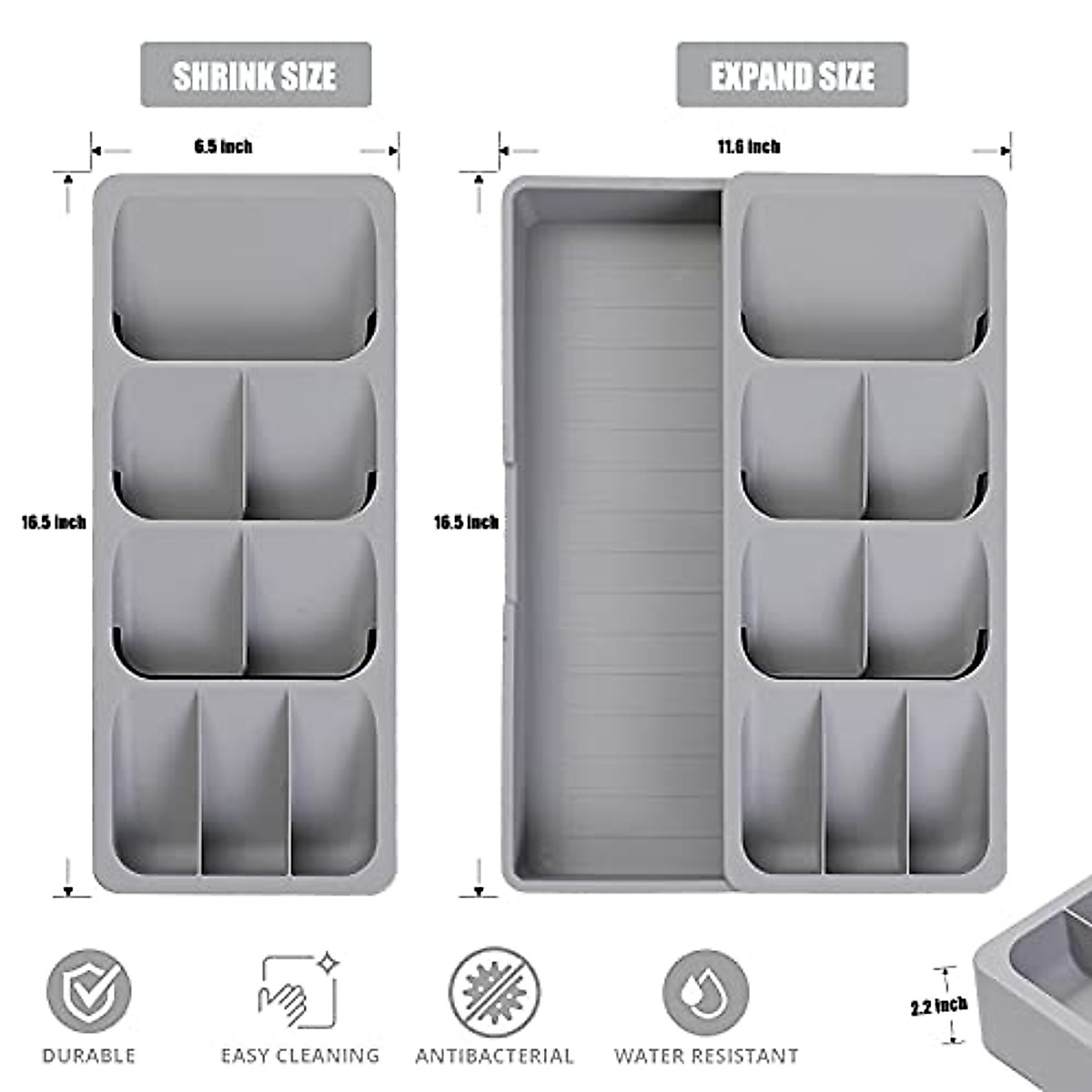ORIJOYNA Kitchen Flatware Organizers - Drawer Organizer Tray Box Cutlery Expandable Organizer - for Kitchen Drawer Holding Flatware Spoons, Forks, Spatula (Grey)