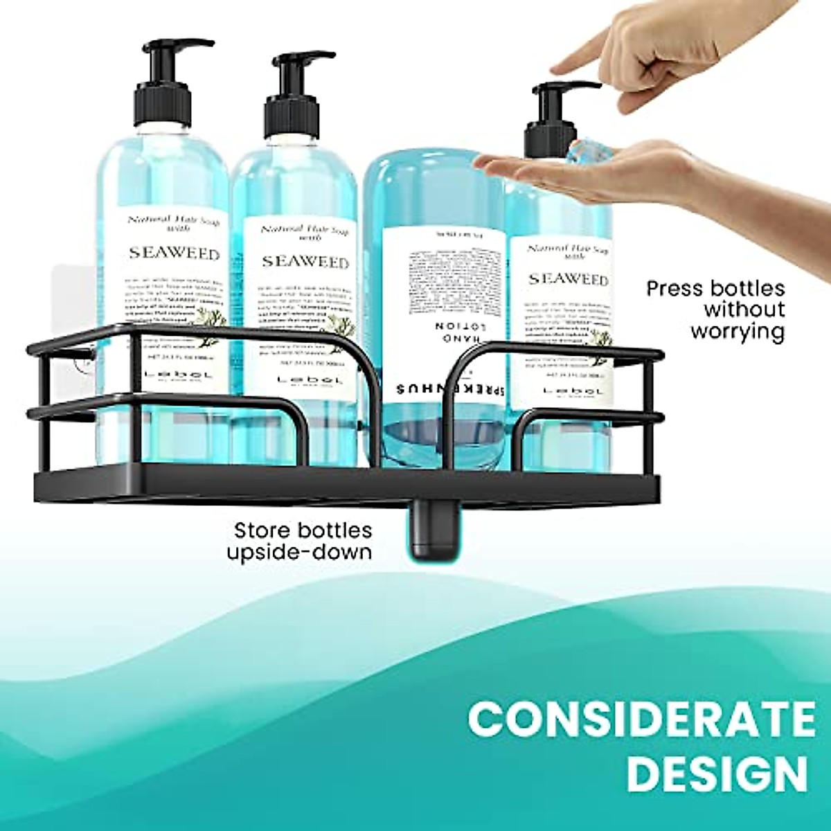 EZFurni Set of 4 Adhesive Shower Caddy, Rustproof Stainless Steel Bathroom Shower Organizer & Towel Holder Included, Solid Shower Shelves for Inside Shower,Roomy Shower Rack, Not Slide Down, Black