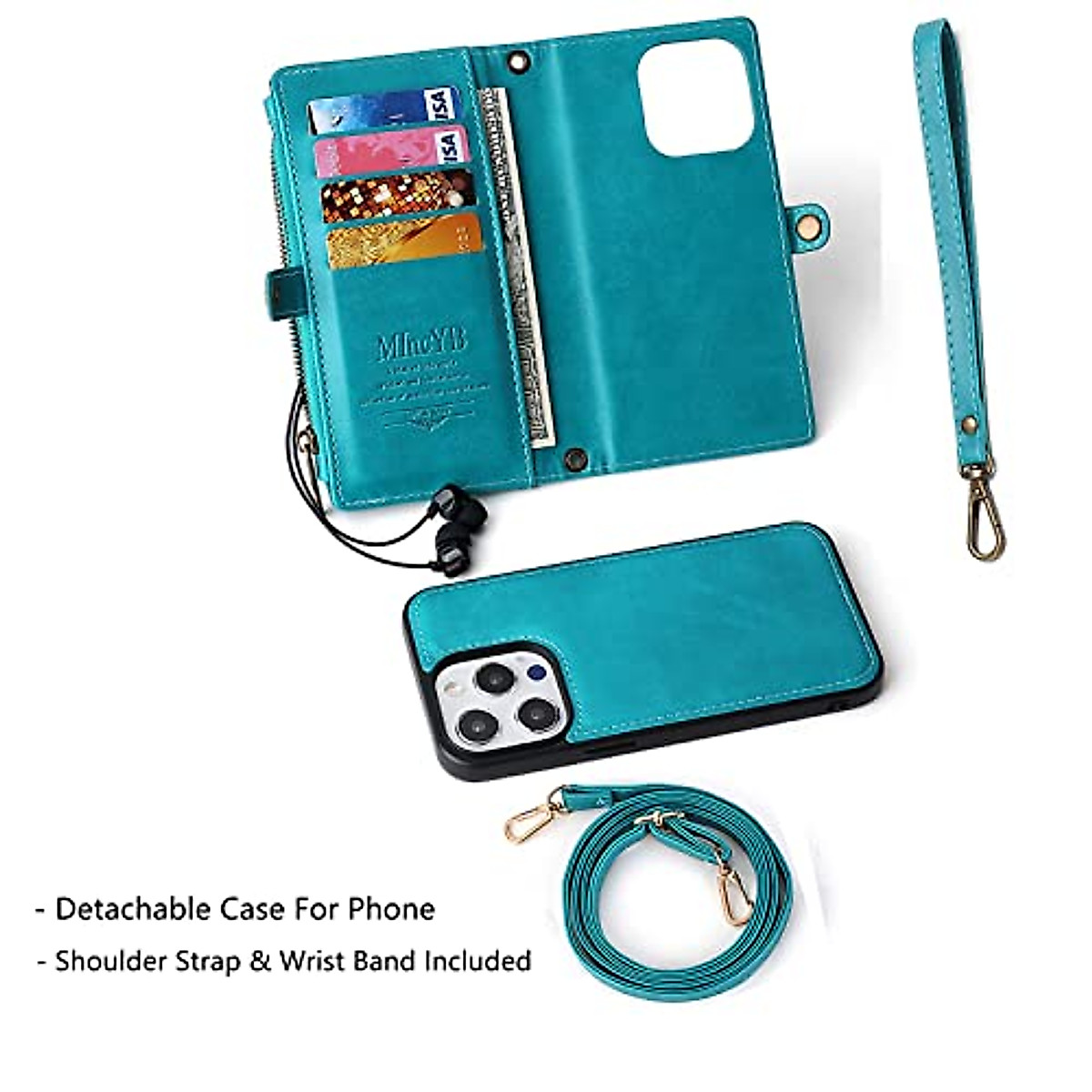 MInCYB Compatible with iPhone 14 Pro Wallet Case, Zipper Case with RFID Blocking Card Holder Slots for Women Men, Magnetic Detachable Leather Cover with Wristlet Strap for iPhone 14 Pro. Blue
