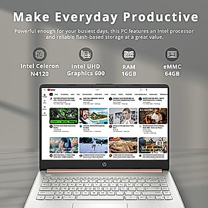 HP 2022 Stream 14" HD BrightView Laptop, Intel Celeron N4120, 16GB RAM, 64GB SSD, Intel HD Graphics, 720p Webcam, 1 Year Office 365, Gold, Win 11, 32GB Snowbell USB Card
