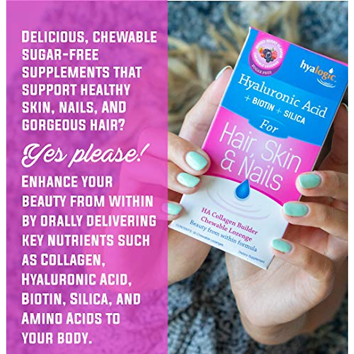 Hyalogic Hair Skin & Nails Hyaluronic Acid Collagen Builder – Delicious Berry Flavored Collagen Boost Chewable Lozenges – Sugar Free Vegan Collagen Ideal to Enhance Your Natural Beauty – 30 Count