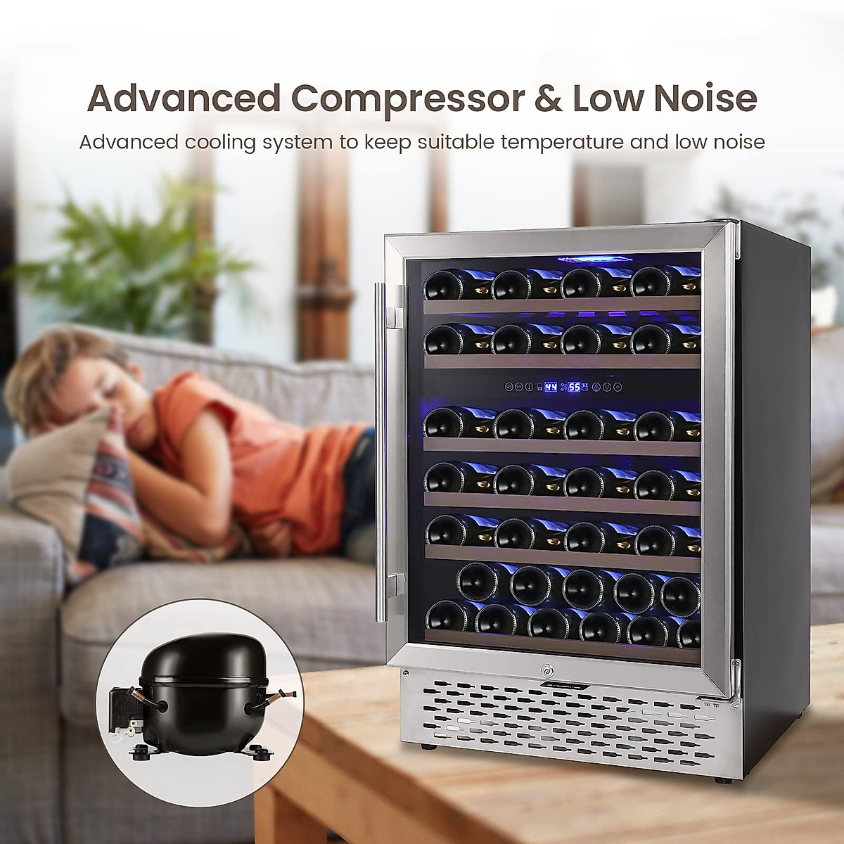 Wine Cooler Refrigerator 51 Bottles Compressor Dual Zone Built-in or Freestanding Fridge with Seamless Stainless Steel & Triple-Layer Tempered Reversible Glass Door and Temperature Memory Function